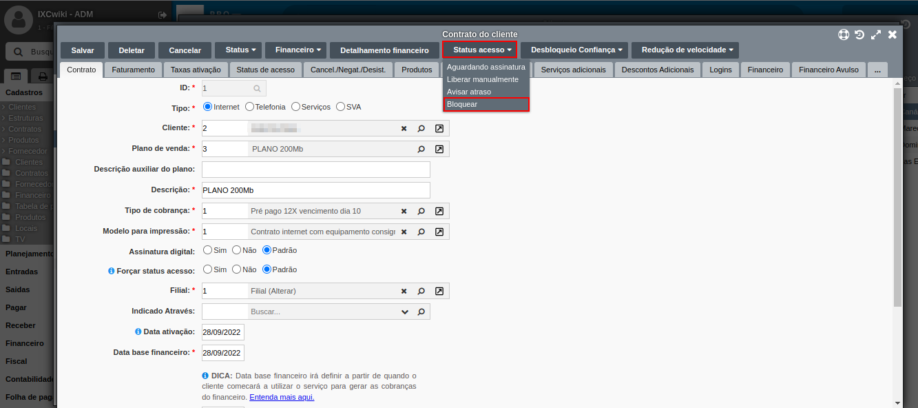 Como fazer o bloqueio manual de um cliente | IXCWiki