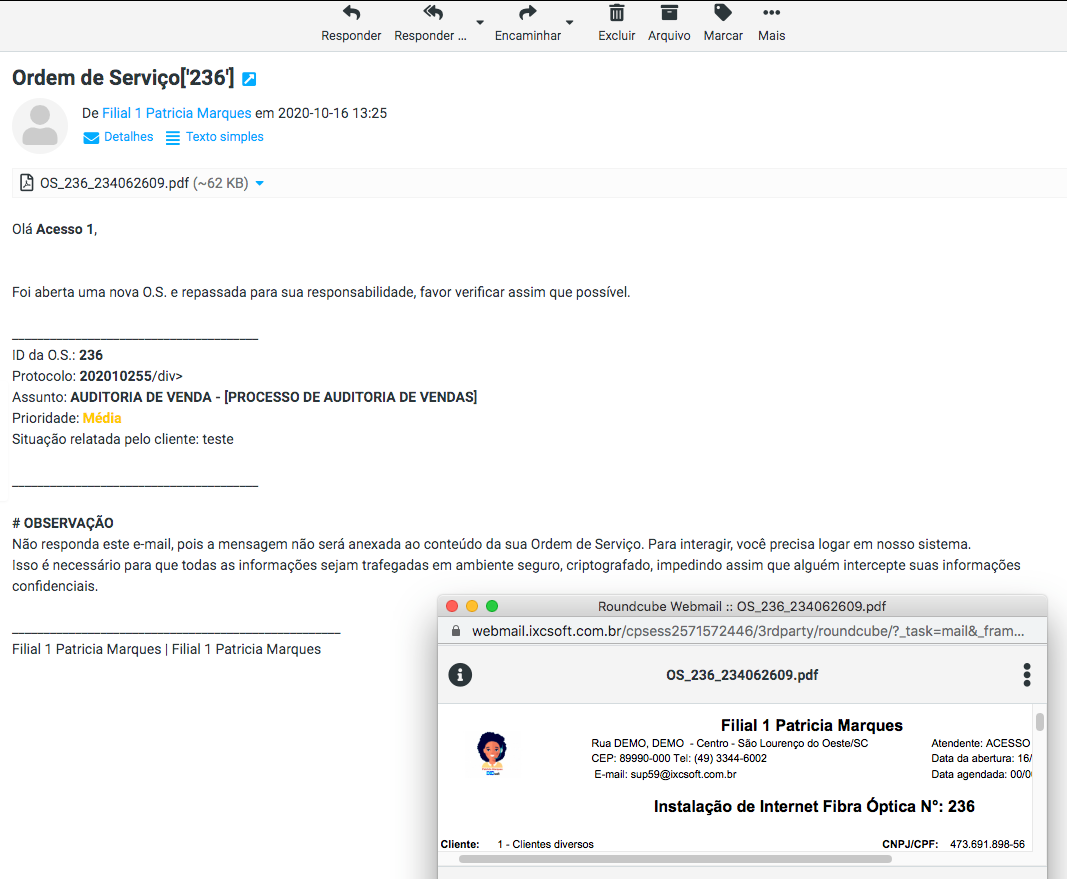 Enviar e-mail para o técnico ao gerar OS | IXCWiki