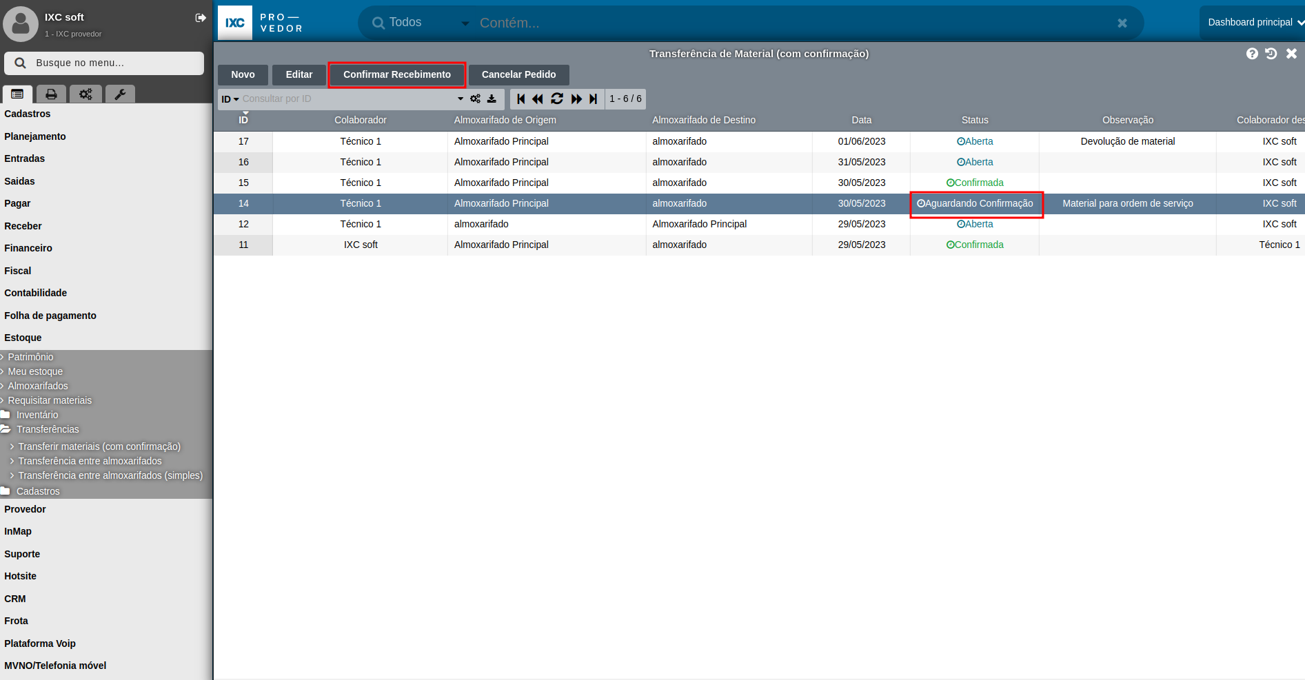 Transferência de materiais (com confirmação) | IXCWiki